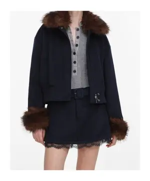 SELF-PORTRAIT Wool Fur Trim Jacket - Navy
