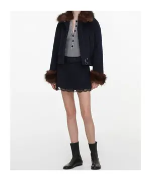 SELF-PORTRAIT Wool Fur Trim Jacket - Navy