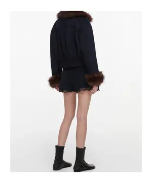 SELF-PORTRAIT Wool Fur Trim Jacket - Navy