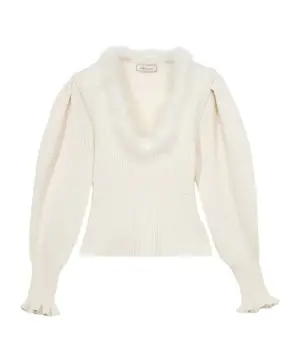 Blumarine V-neck Raw-edge Puff-sleeve Sweater