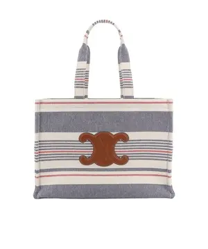 Celine Large Cabas Thais In Striped Textile And Calfskin - Gray