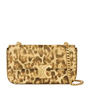 Celine Chain Shoulder Bag Claude In Triomphe Canvas With Leopard Print - Nude