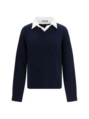 Balenciaga Cotton Sweater With Shirt Details - Blue