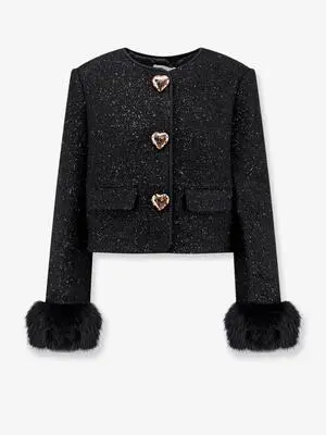 SELF-PORTRAIT Cropped Wool Blend Blazer With All-over Laminated Details - Black
