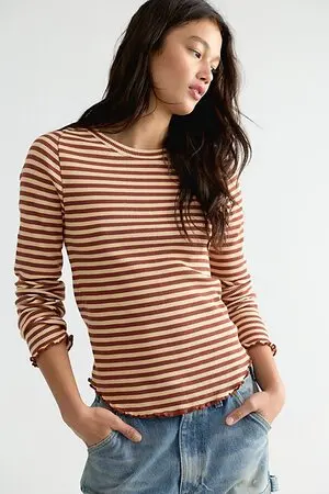 Free People We The Free Easy Does It Striped Long Sleeve Tee - Brown Combo