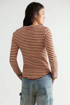 Free People We The Free Easy Does It Striped Long Sleeve Tee - Brown Combo
