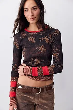 Free People We The Free Easy Does It Printed Long Sleeve Tee - Black Combo