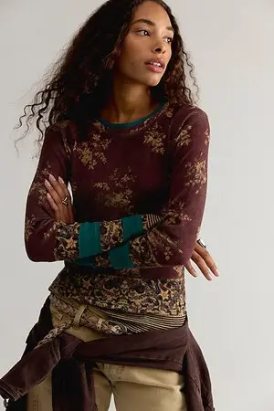 Free People We The Free Easy Does It Printed Long Sleeve Tee Wine Combo