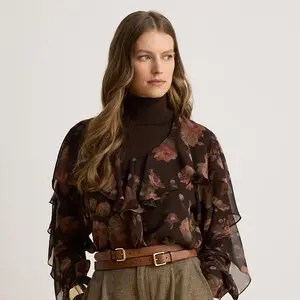Ralph Lauren Floral Ruffle-trim Chiffon V-neck Blouse - Brown Multi