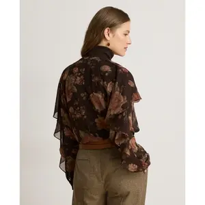 Ralph Lauren Floral Ruffle-trim Chiffon V-neck Blouse