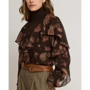 Ralph Lauren Floral Ruffle-trim Chiffon V-neck Blouse