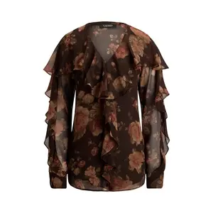Ralph Lauren Floral Ruffle-trim Chiffon V-neck Blouse