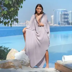BELYED HANDCRAFT Grege – Embellished Crepe V-neck Kaftan Belyed - Grey