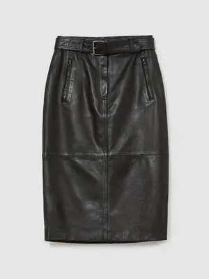 REISS Neriah Leather Belted Midi Pencil Skirt