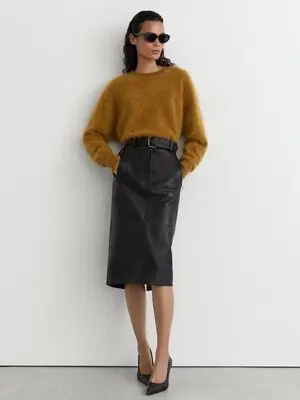 REISS Neriah Leather Belted Midi Pencil Skirt