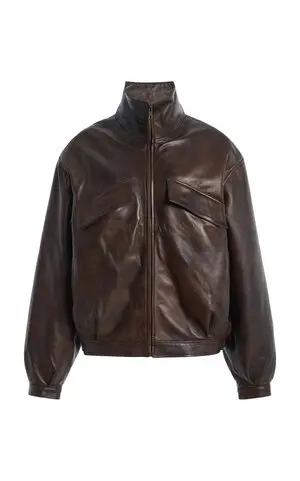 SLOAN Exclusive Oversized Leather Bomber Jacket - Brown