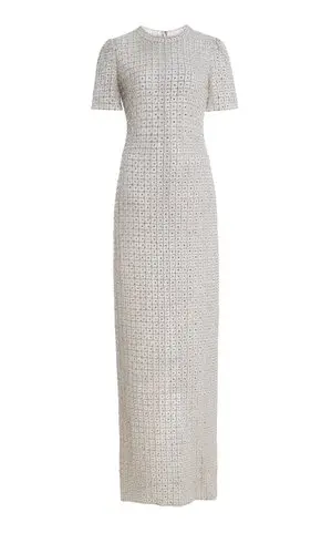 Monique Lhuillier Embroidered Tulle Short-sleeve Maxi Dress