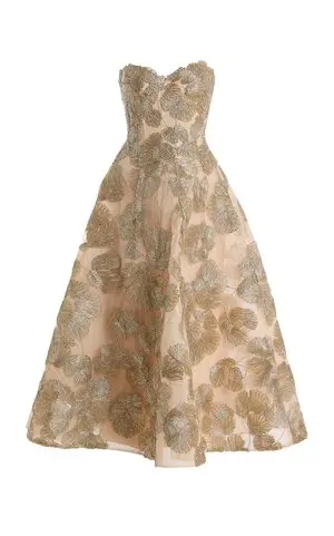 Monique Lhuillier Embroidered Tulle Strapless Midi Dress