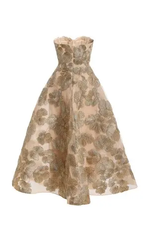 Monique Lhuillier Embroidered Tulle Strapless Midi Dress