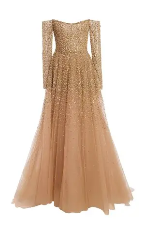 Monique Lhuillier Embroidered Off-the-shoulder Long-sleeve Dress - Gold
