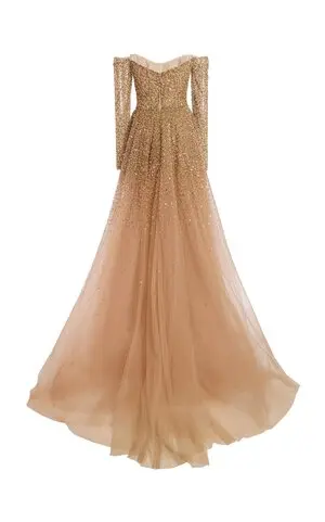 Monique Lhuillier Embroidered Off-the-shoulder Long-sleeve Dress