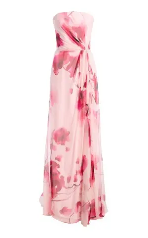MONIQUE LHUILLIER Silk Chiffon Strapless Draped Maxi Dress