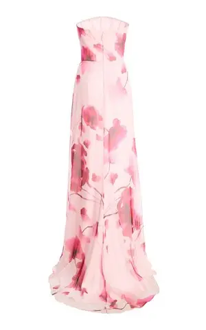 Monique Lhuillier Silk Chiffon Strapless Draped Maxi Dress