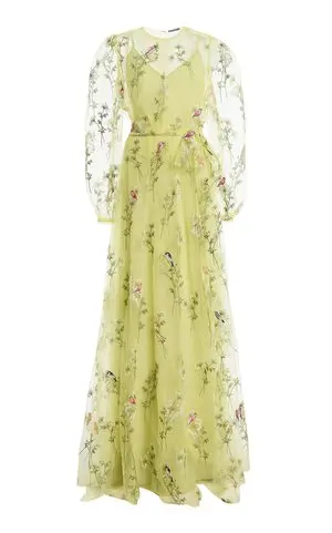 Monique Lhuillier Long-sleeve Maxi Dress With Separate Slip - Lime Green