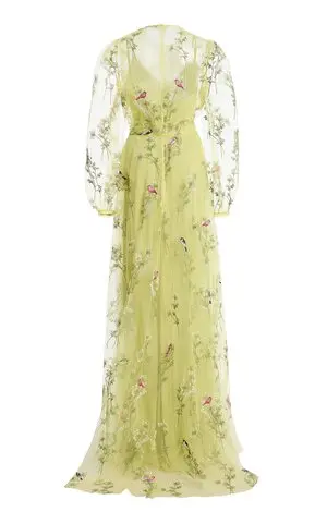Monique Lhuillier Long-sleeve Maxi Dress With Separate Slip - Lime Green