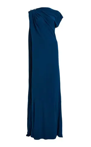 Monique Lhuillier Asymmetric Draped Gown With Streamer - Navy