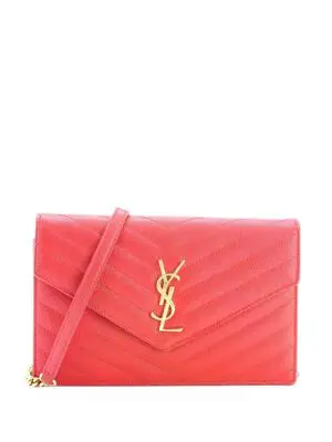 Saint Laurent Classic Monogram Wallet On Chain Matelasse Chevron Leather Small Crossbody Bag - Red