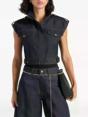 Manière De Voir Imelda Denim Cropped Wide Shoulder Sleeveless Jacket Indigo - Blue