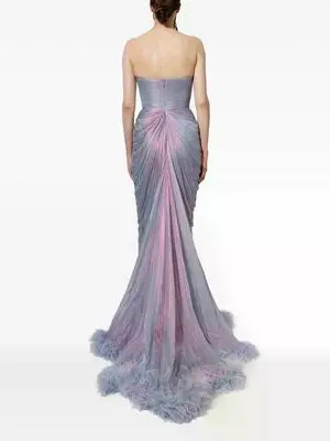 IRIS SERBAN Feather-trim Pleated Maxi Dress