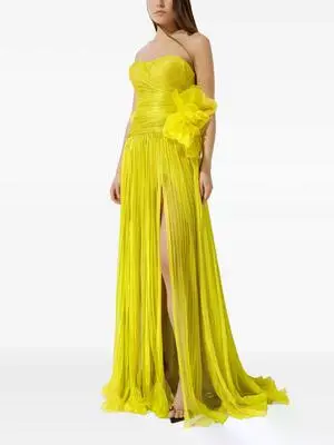 IRIS SERBAN Floral-applique Pleated Silk Dress