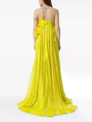 IRIS SERBAN Floral-applique Pleated Silk Dress