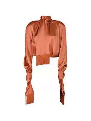 ROWEN ROSE Fringed Pussy-bow Blouse - Brown