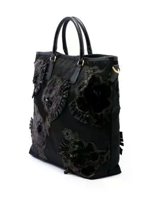Prada 2013-2026 Beaded Tessuto Floral Applique Tote Satchel - Black