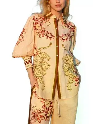 Las Surenas Flower Tiger-print Silk Shirt