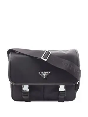 Prada 2013-2026 Saffiano Trimmed Tessuto Double Buckle Messenger Bag Crossbody Bag - Black