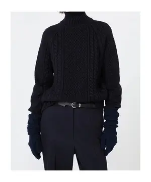 Max Mara Wool Yarn Turtleneck Aran Jumper Navy