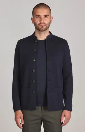 PAUL JAMES Merino Wool Knitted Nehru Jacket - Navy