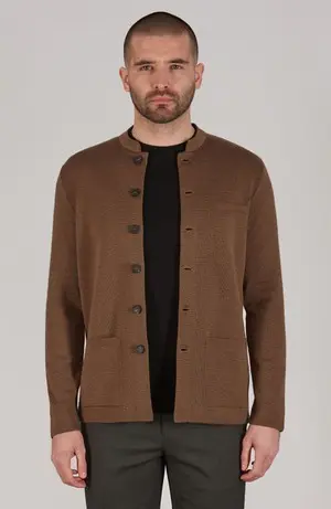 PAUL JAMES Merino Wool Knitted Nehru Jacket Oakbrown