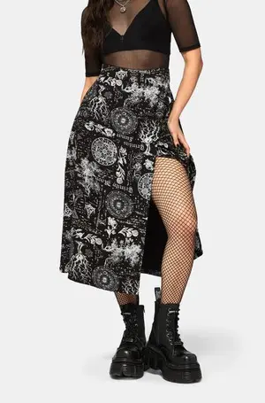 DISTURBIA Trinity Moon Print Wrap Midi Skirt - Black