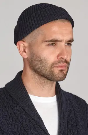 PAUL JAMES Craster Merino Fisherman Beanie Navy