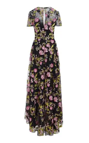 Monique Lhuillier Embroidered Illusion Maxi Dress