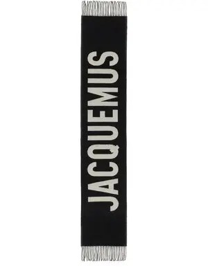 Jacquemus Sciarpa In Lana Con Frange E Logo - Black