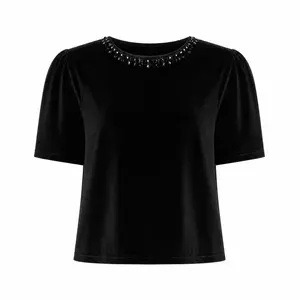 YUMI Velvet Embellished Neck Top