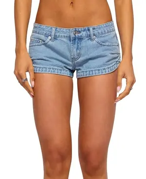 EDIKTED Pleated Low Rise Denim Micro Shorts - Light-blue