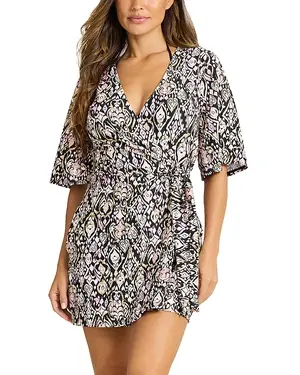 Tommy Bahama Tropic Isles Printed Wrap Cover-up Romper - Black