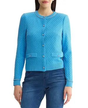 Ming Wang Raised Diamond Ribbed Knit Cardigan - Tranquil Blue